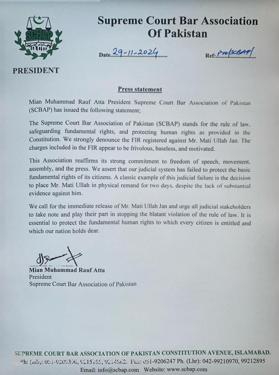 Mian Muhammad Rauf Atta President SCBAP condemnation of arrest of Mati ...